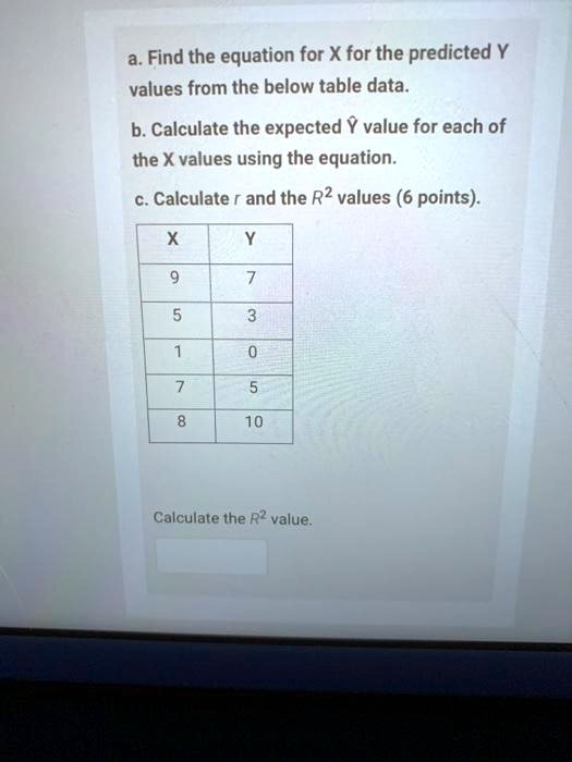 SOLVED: a. Find the equation for X for the predicted Y values from the below table data: b ...