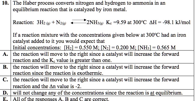 SOLVED: The Haber process converts nitrogen and hydrogen to ammonia in ...