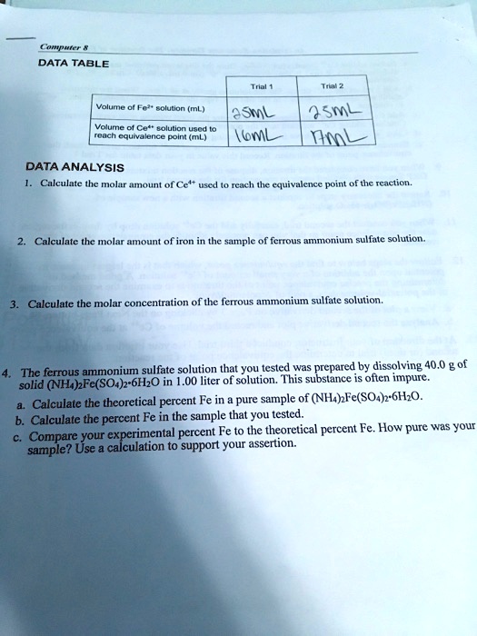 Computer 8 DATA TABLE Trial 1 Trial 2 Volume of Fe^2+ solution (ml) 25mL 25mL Volume of Ce^4 ...