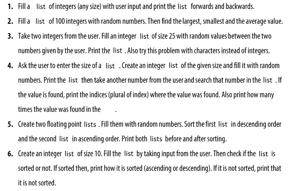 Solved Python Solve The 6 Problems In Python Only Using List 1 9911