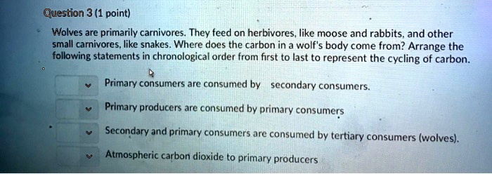 Question 3 (1 point) Wolves are primarily carnivores. They feed on ...