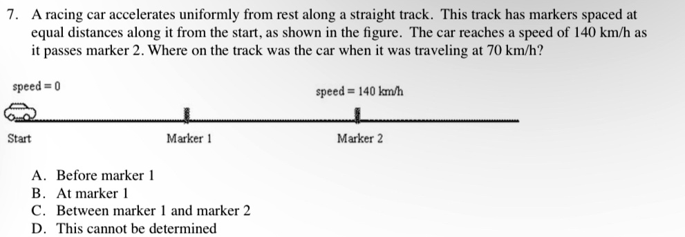 a racing car accelerates uniformly from rest along a straight track ...