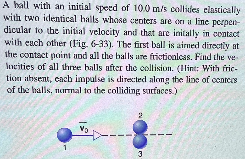 A ball with an initial speed of 10.0 m/s collides elastically with two identical balls whose ...