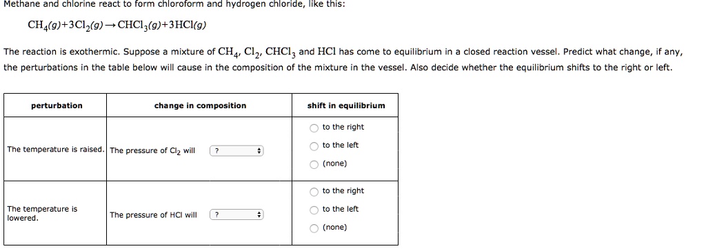 SOLVED: Methane and chlorine react to form chloroform and hydrogen chloride like this: CH4(g ...