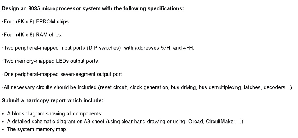 Design an 8085 microprocessor system with the following specifications ...