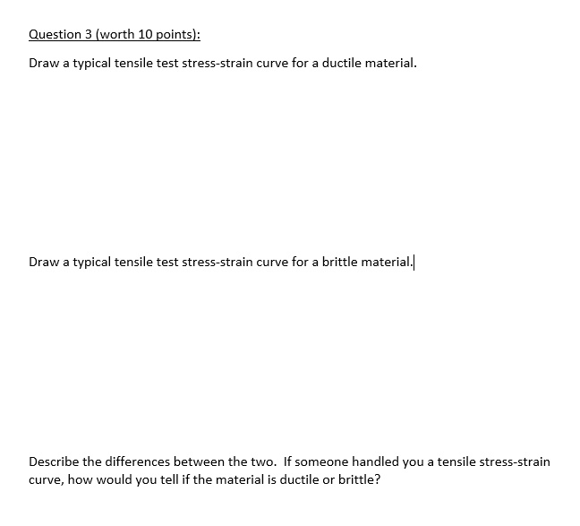 SOLVED: Question 3 (worth 10 points): Draw a typical tensile test ... SOLVED: Question 3 (worth 10 points): Draw a typical tensile test ...