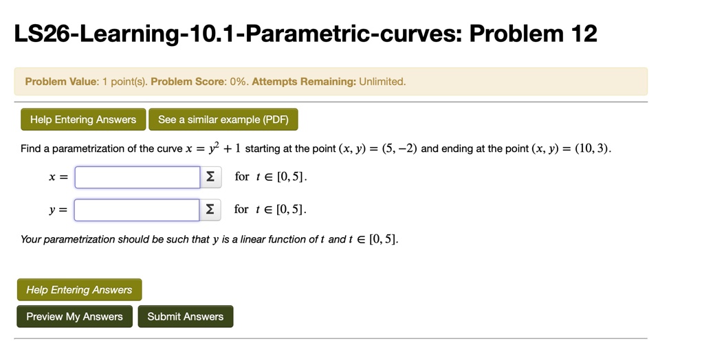 SOLVED: LS26-Learning-10.1-Parametric-curves: Problem 12 Problem Value: point(s). Problem Score ...