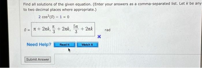 SOLVED: Find all solutions of the given equation. (Enter your answers as a comma-separated list ...