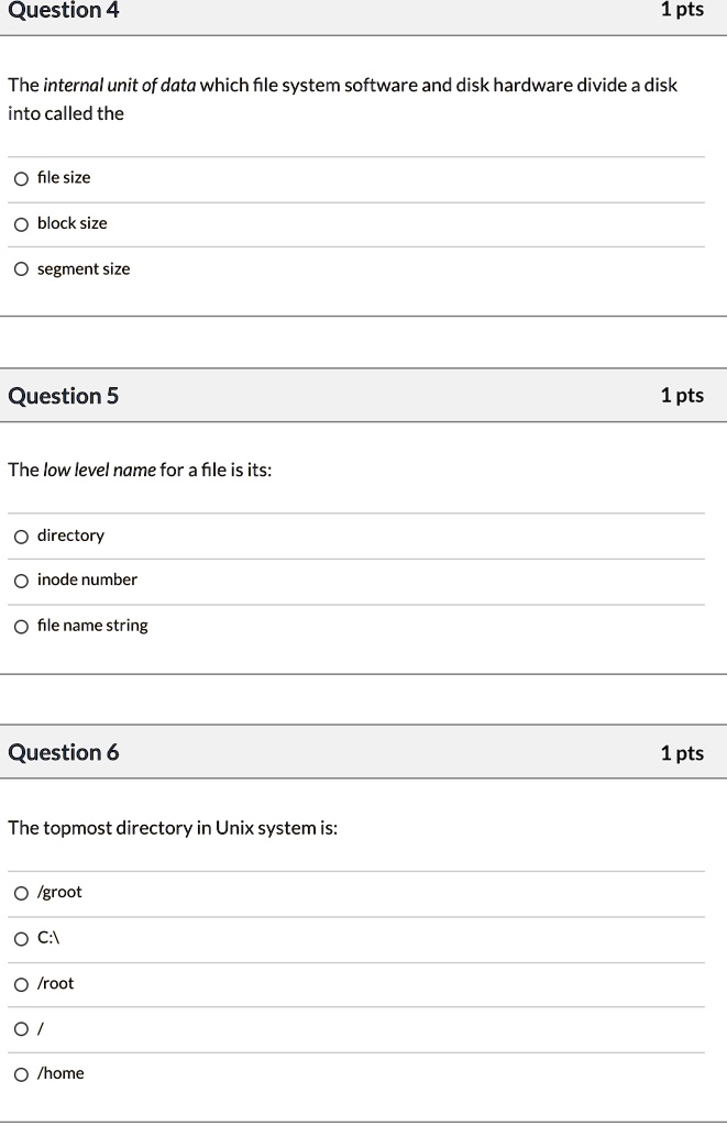 SOLVED: Question 4 The internal unit of data which file system software and disk hardware divide ...