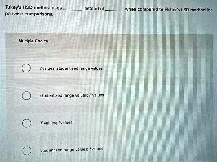SOLVED: Text: Tukey's HSD method uses pairwise comparisons instead of ...