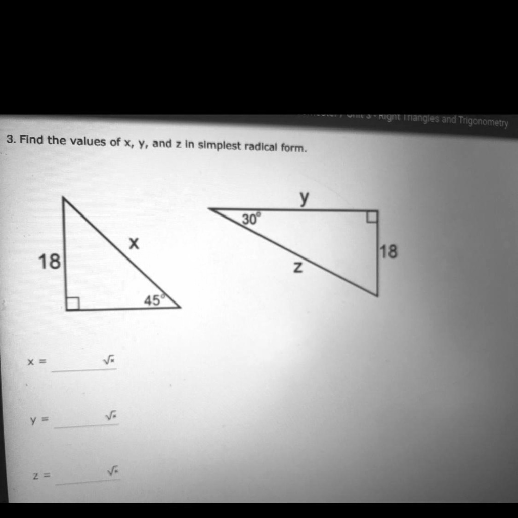 SOLVED: 'find the values of x y and z Triangles and Trigonometry 3. Find the values f X, Y, and ...