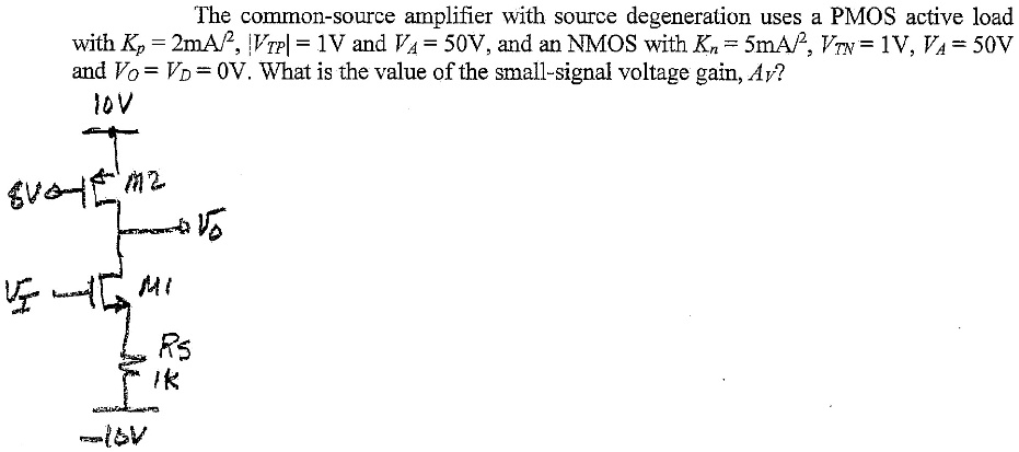 SOLVED: The common-source amplifier with source degeneration uses a PMOs active load with K,=2mA ...