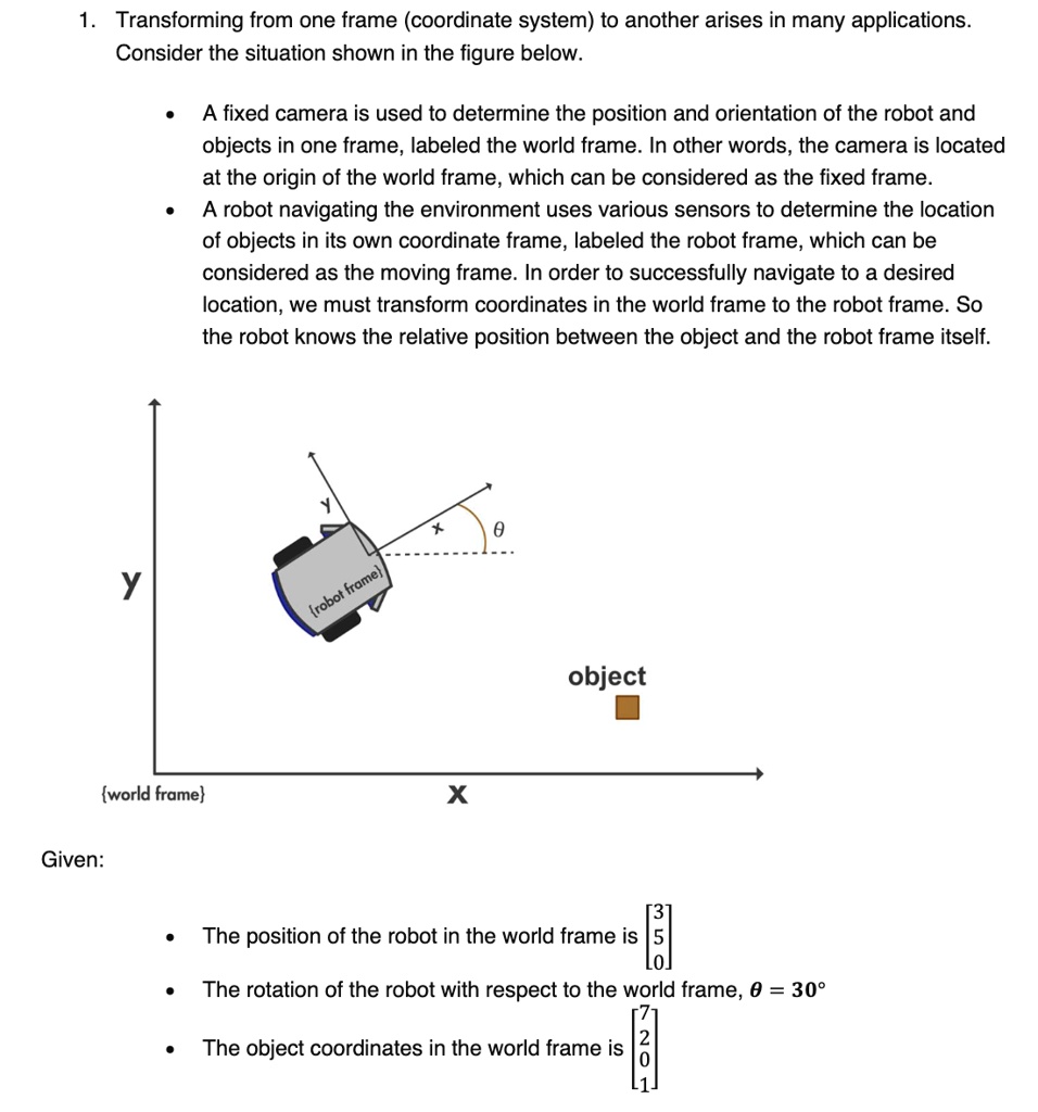 SOLVED: Transforming from one frame (coordinate system) to another arises in many applications ...