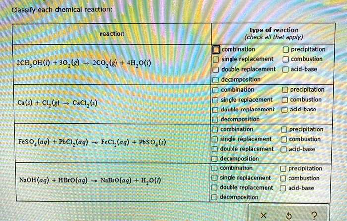 SOLVED: Classily each chemica reaction: type of reaction (check all ...