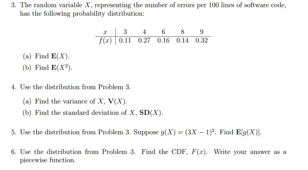 SOLVED:The random variable X, representing the number of errors per 100 lines of software code ...