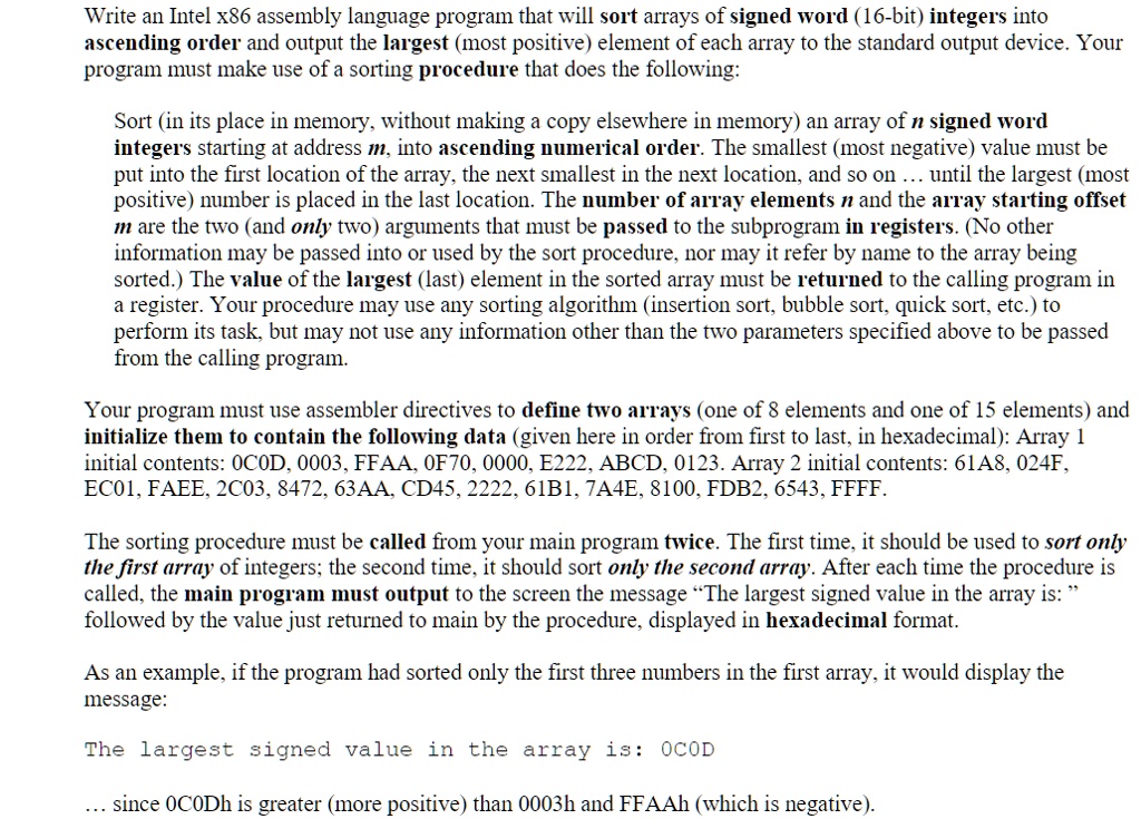 Write An Intel X86 Assembly Language Program That Will Sort Arrays Of Signed Word 16 Bit