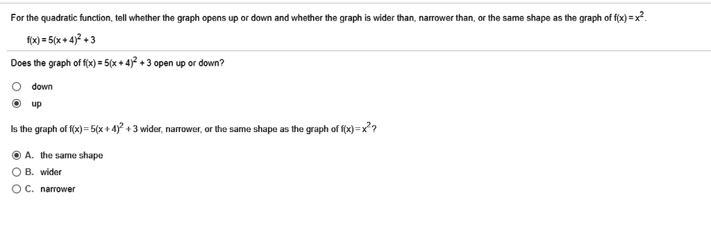 SOLVED: For the quadratic function, tell whether the graph opens Up or down and whether the ...