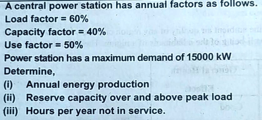 A central power station has annual factors as follows. Load factor = 60% Capacity factor = 40% ...