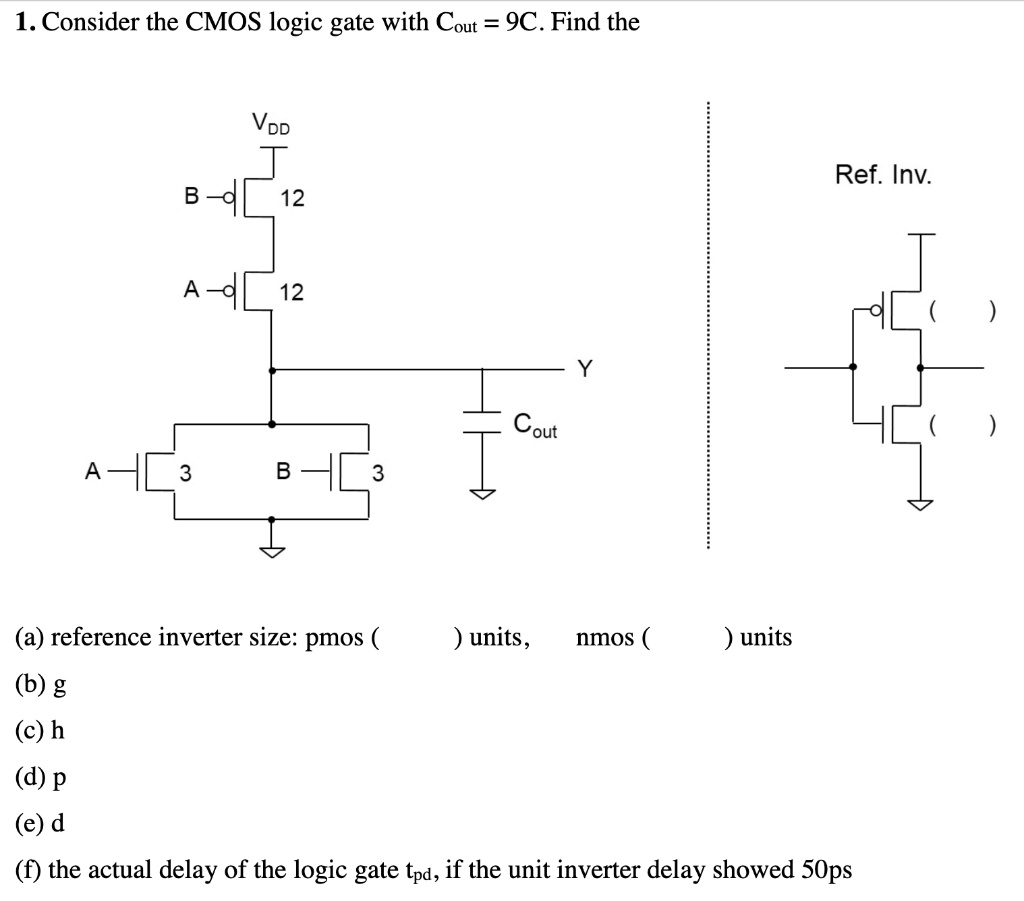 SOLVED: Consider the CMOS logic gate with Cout = 9C. Find the VDD Ref.Inv. 12 12 ) - 3 (a ...