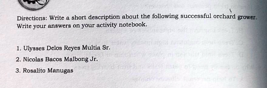 SOLVED: Pasagot po ng maayos. Directions: Write a short description ...