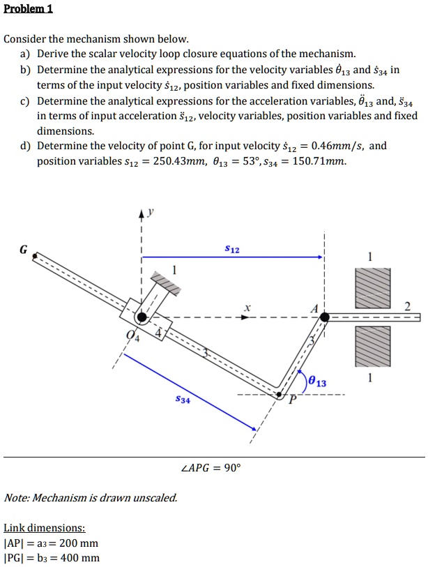 Problem 1 Consider the mechanism shown below. a) Derive the scalar velocity loop closure ...