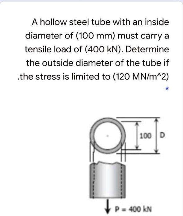A hollow steel tube with an inside diameter of (100 mm) must carry a ...
