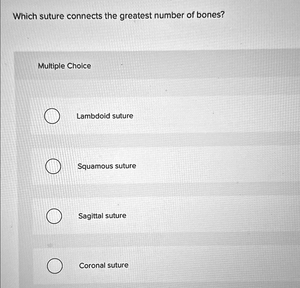 SOLVED: Which suture connects the greatest number of bones? Multiple ...