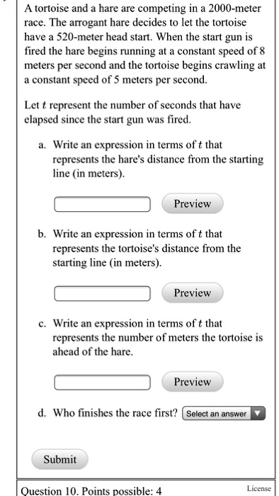 SOLVED: A tortoise and hare are competing in 2000-meter race. The ...