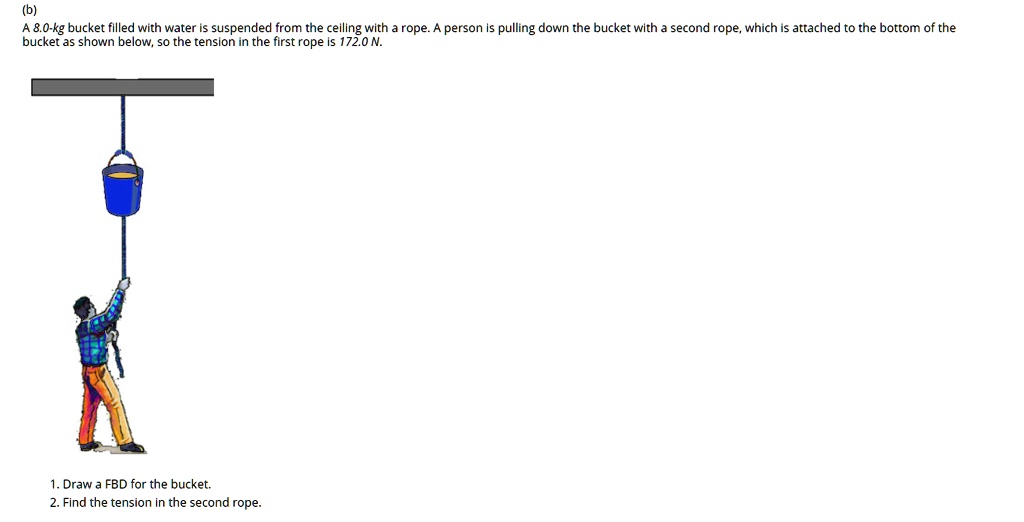 SOLVED: A 8.0-kg bucket filled with water is suspended from the ceiling ...