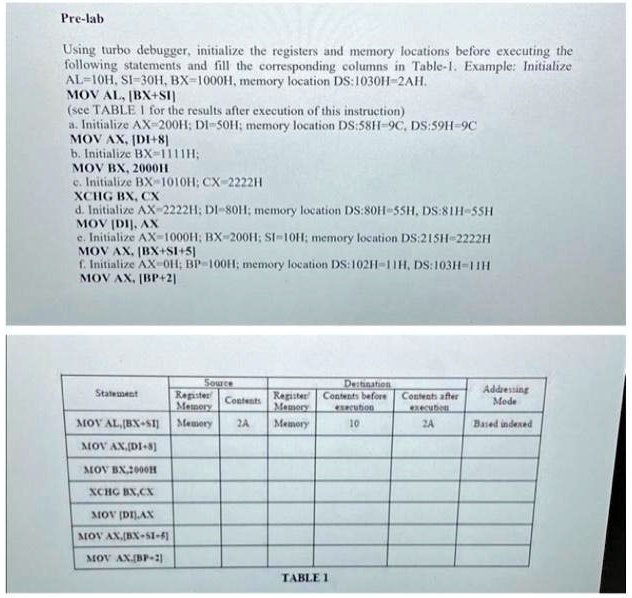 Texts: fill the table Pre-lab Using turbo debugger, initialize the registers and memory ...