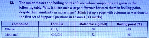 the molar masses and boiling points of two carbon compounds are given in the following table why ...