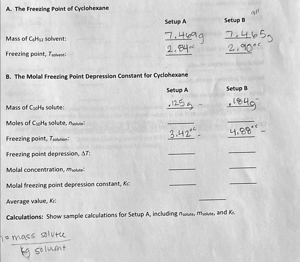 A. The Freezing Point of Cyclohexane Setup A Setup B Mass of C6H12 solvent: Freezing point ...