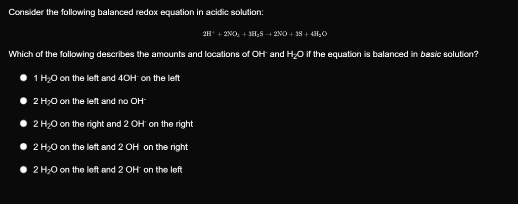 consider the following balanced redox equation in acidic solution 2h ...