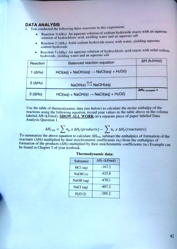 DATA ANALYSIS 1. You conducted the following three reactions in this ...