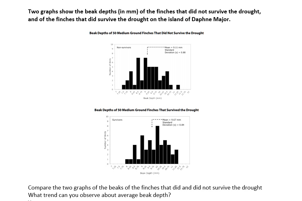 Two graphs show the beak depths (in mm) of the finches that did not ...