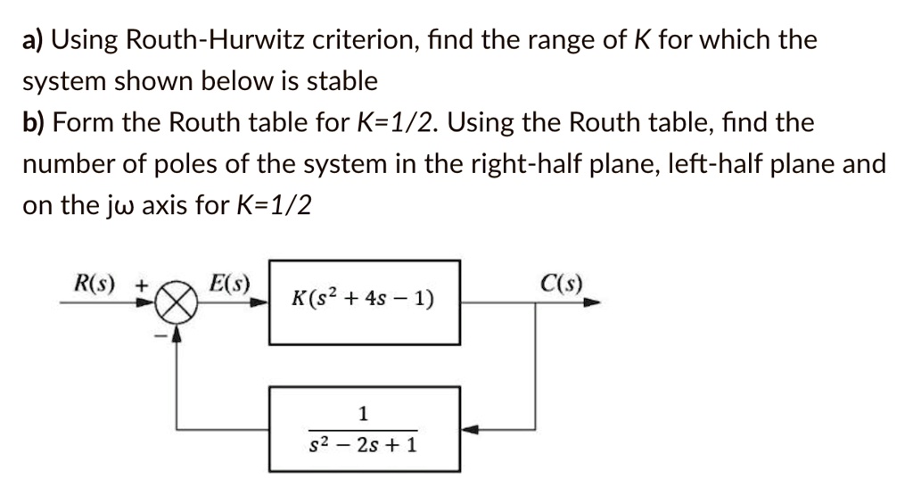SOLVED: a) Using the Routh-Hurwitz criterion, find the range of K for which the system shown ...