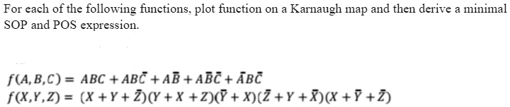 SOLVED: For each of the following functions, plot the function on a Karnaugh map and then derive ...