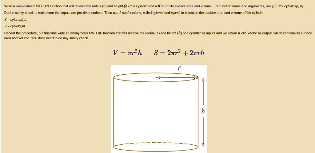 Solved Write A User Defined Matlab Function That Will Receive The Radius R And Height H Of A 5020