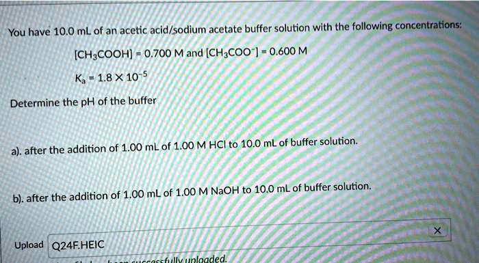 SOLVED: You have 10.0 mL ofan acetic acid/sodium acetate buffer ...