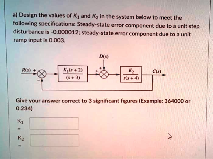 SOLVED: Design the values of K1 and K2 in the system below to meet the following specifications ...