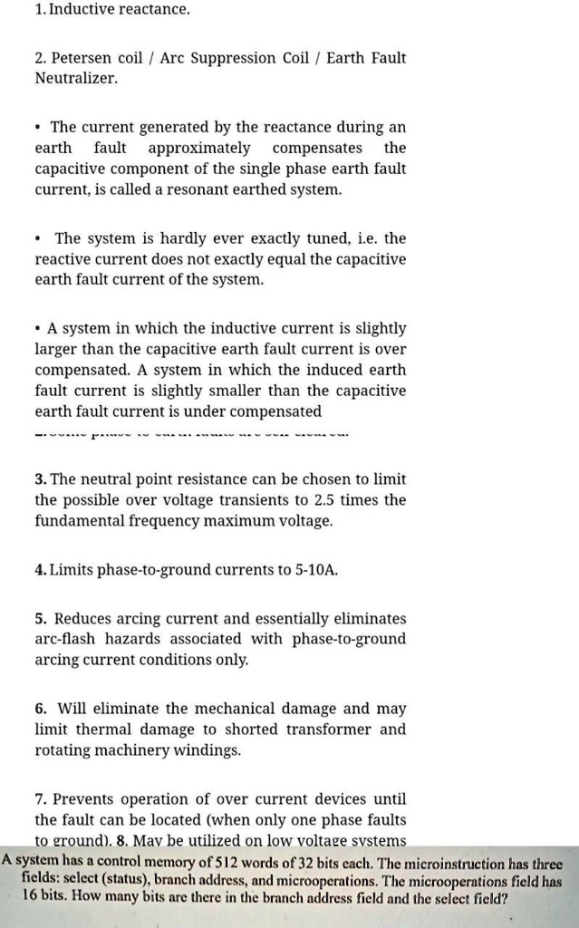 SOLVED: 1. Inductive reactance Petersen coil Arc Suppression Coil Earth ...