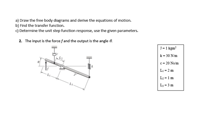 a) Draw the free body diagrams and derive the equations of motion. b) Find the transfer function ...