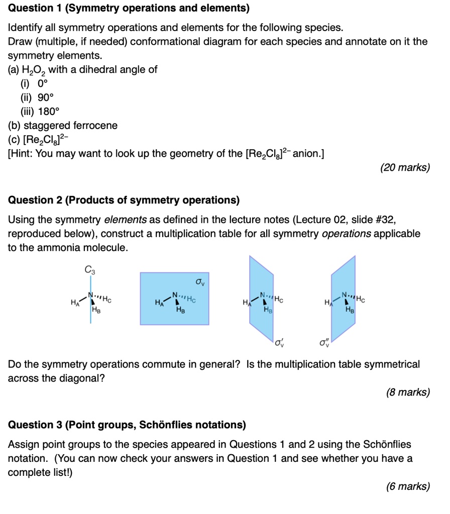 Question 1 Symmetry Operations And Elements Identify All Symmetry Operations And Elements For