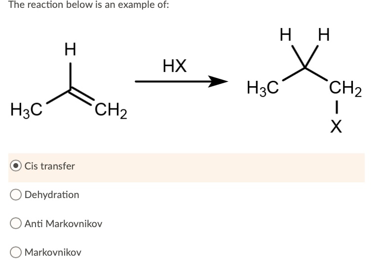 SOLVED: The reaction below is an example of: H HX H3C CH2 HzC 'CH2 Cis ...