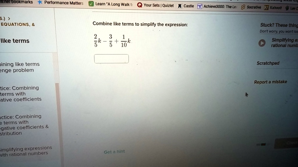 Combine like terms to simplify the expression: (2)/(5)k - (3)/(5) + (1 ...
