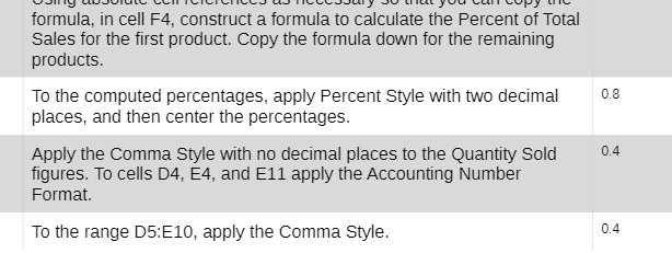 SOLVED: Formula: In cell F4, construct a formula to calculate the Percent of Total Sales for the ...