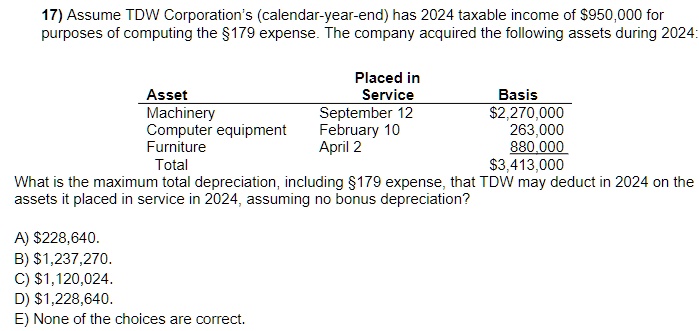 17) Assume TDW Corporation's (calendar-year-end) has 2024 taxable ...