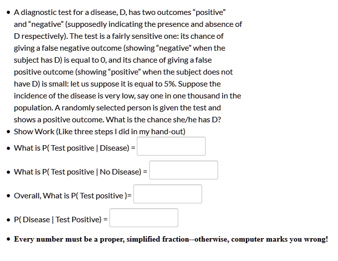 SOLVED:A diagnostic test for disease; D; has two outcomes "positive ...