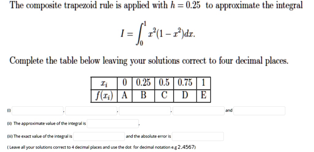 SOLVED: The composite trapezoidal rule is applied with h = 0.25 to approximate the integral âˆ ...