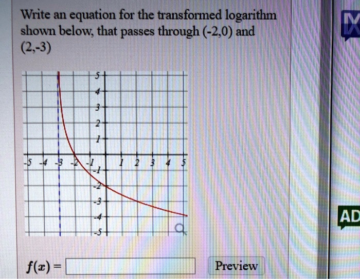 SOLVED: Write an equation for the transformed logarithm shown below; that passes through (-2,0 ...